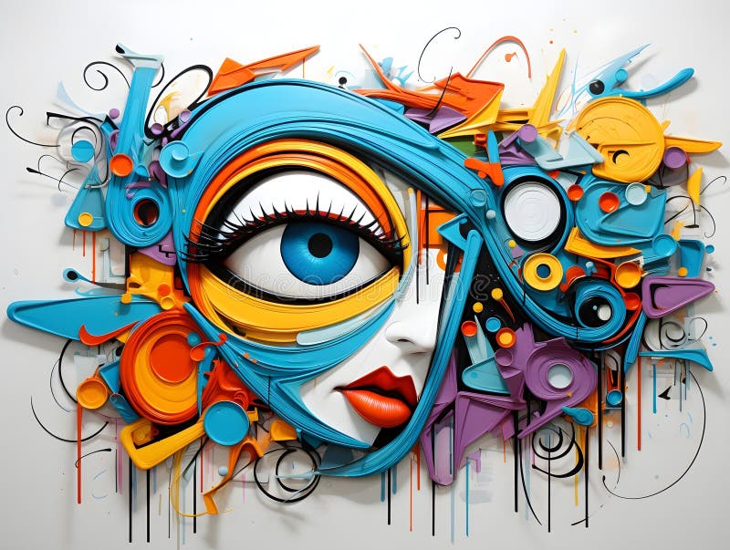 A Surreal Abstract Face with a Large Blue Eye, Surrounded by Vivid ...