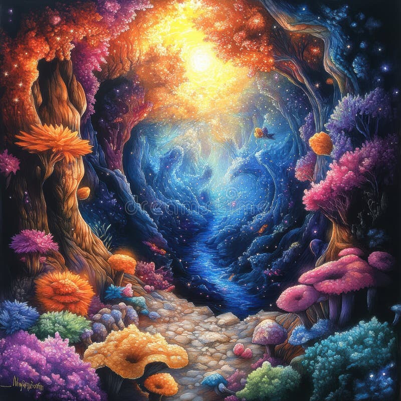 Magical Forest Path stock illustration. Illustration of light - 333674294