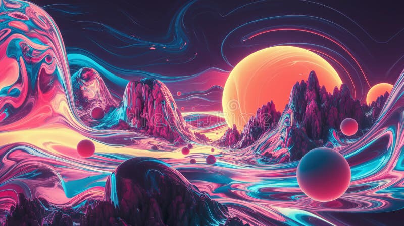 Vibrant Surreal Landscape with Neon Planets and Abstract Mountainscape ...