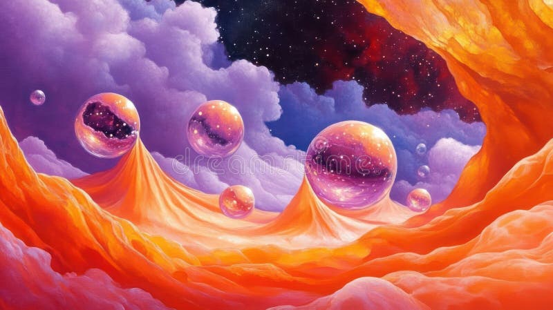 Surreal Cosmic Landscape: Orange Dunes, Glass Spheres, and Nebulae ...