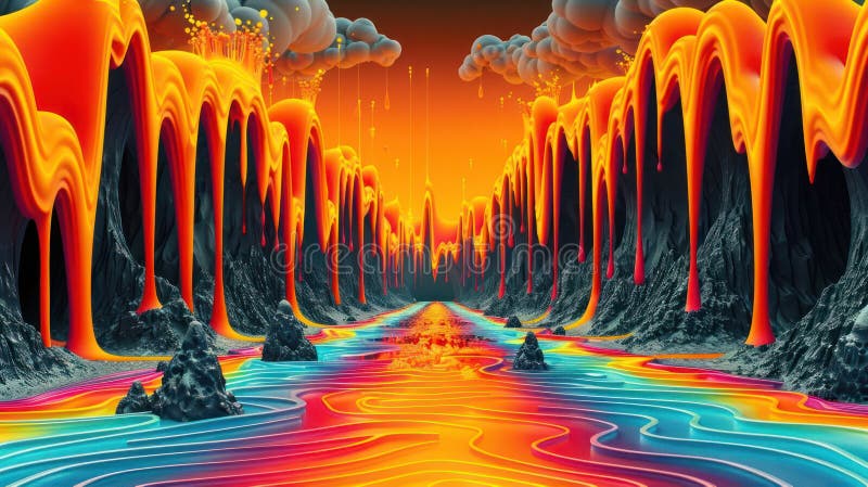 A Vibrant, Surreal Landscape Featuring Flowing Lava and Colorful Rivers ...