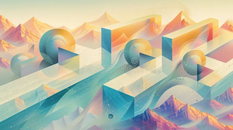 A Vibrant, Surreal Landscape Featuring Geometric Shapes and Soft ...