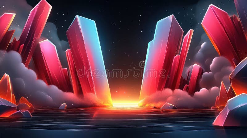 Surreal Crystal Landscape with Vibrant Sunset Glow Stock Illustration ...
