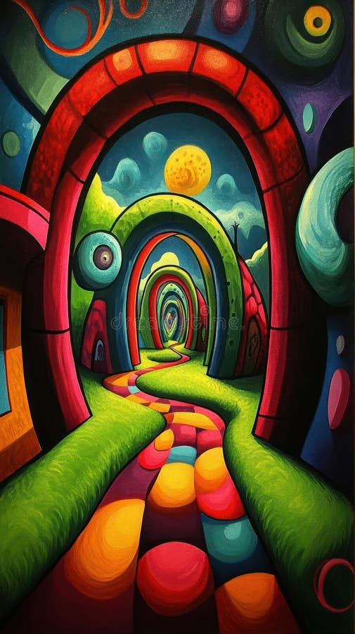 A Vibrant, Surreal Pathway with Colorful Arches Leading through a ...