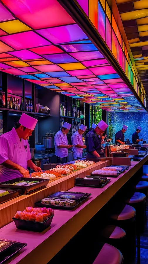 A Vibrant Sushi Bar with Chefs Preparing Rolls Behind the Counter Stock ...