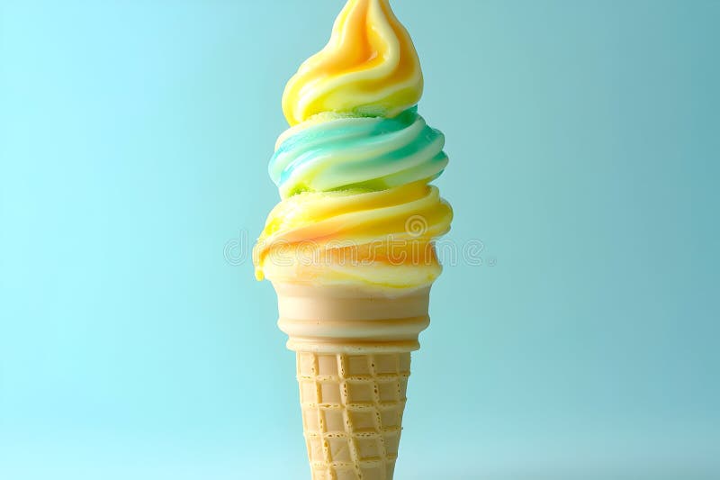 Vibrant Swirled Soft Serve Ice Cream Cone on Blue Background Stock ...