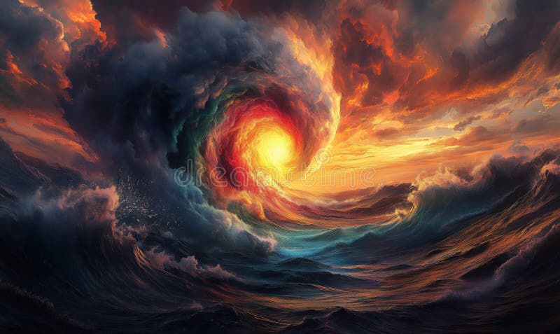 Vibrant Swirling Ocean Wave at Sunset with Dramatic Clouds and Colors ...