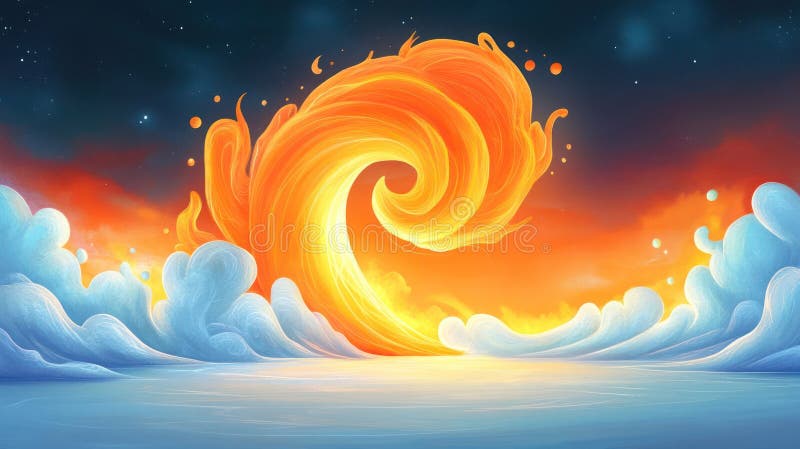 A Vibrant, Swirling Wave of Fire Against a Sunset Backdrop, Blending ...