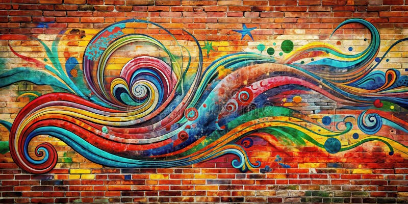 Vibrant Swirls and Abstract Wave Patterns on a Brick Wall Background ...