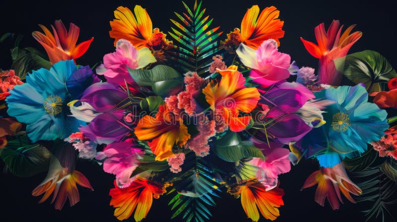 Vibrant Symmetrical Floral Arrangement on Dark Background Stock Photo ...
