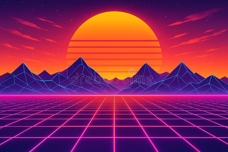 80s Synthwave Landscape Neon Sun Mountains Stock Photos - Free ...