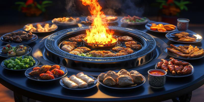 Vibrant Table Setting with Diverse Asian Cuisine and a Central Flame ...