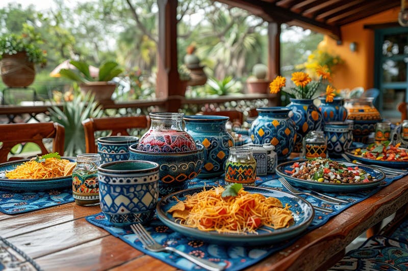 A Vibrant Table Setting with Mexican Food and Decorations. Stock Photo ...