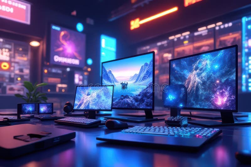 Vibrant Tech Innovation Exhibit Stock Illustration - Illustration of ...