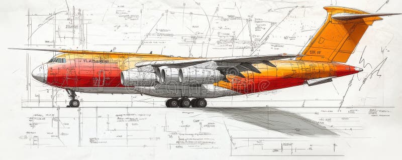 Detailed Illustration of a Colored Jet Design with Technical Diagrams ...