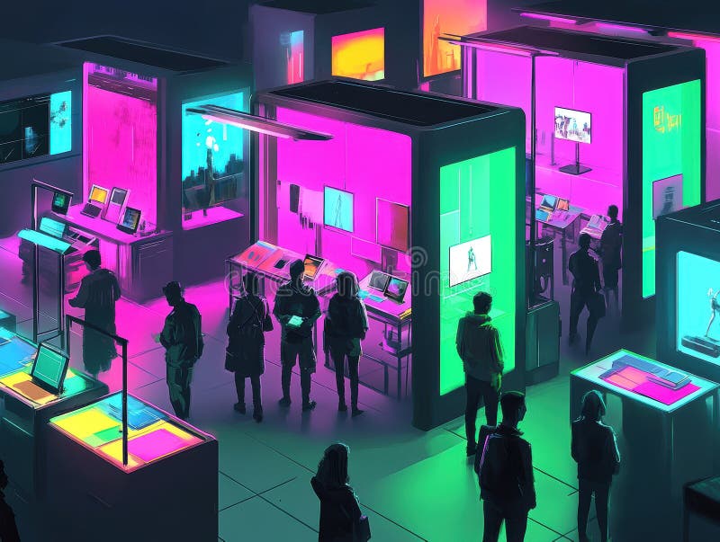 A Vibrant, Technologically Advanced Exhibit Hall with Interactive ...
