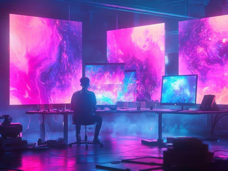 A Vibrant, Technologically Advanced Workspace Featuring a Focused ...