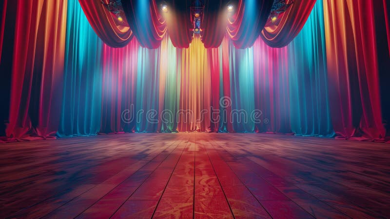 A Vibrant Theater Stage with Colorful Curtains and Dramatic Lighting ...