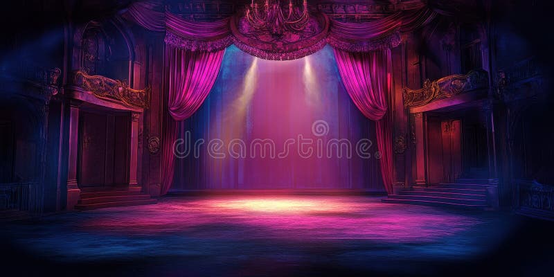 A Vibrant Theater Stage with Dramatic Curtains and Colorful Lighting ...