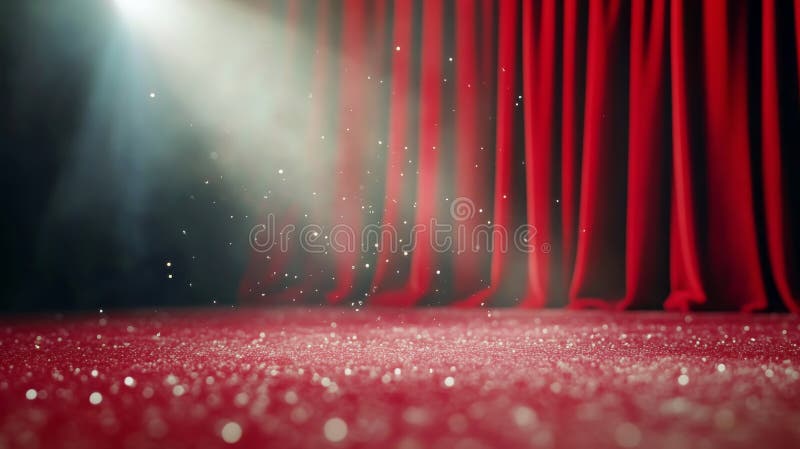 A Vibrant Theater Stage with Sparkling Dust and Red Curtains ...