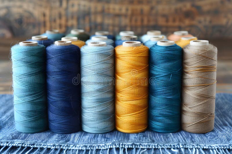 Vibrant Thread Spools on Denim Fabric for Sewing and Craft Projects ...