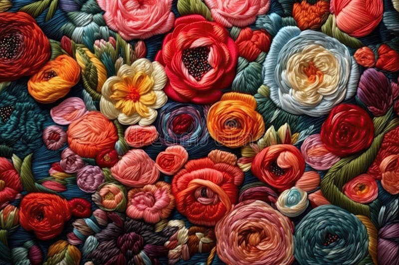 Vibrant Threads Form Stunning Floral Embroidery Masterpiece. Generative ...