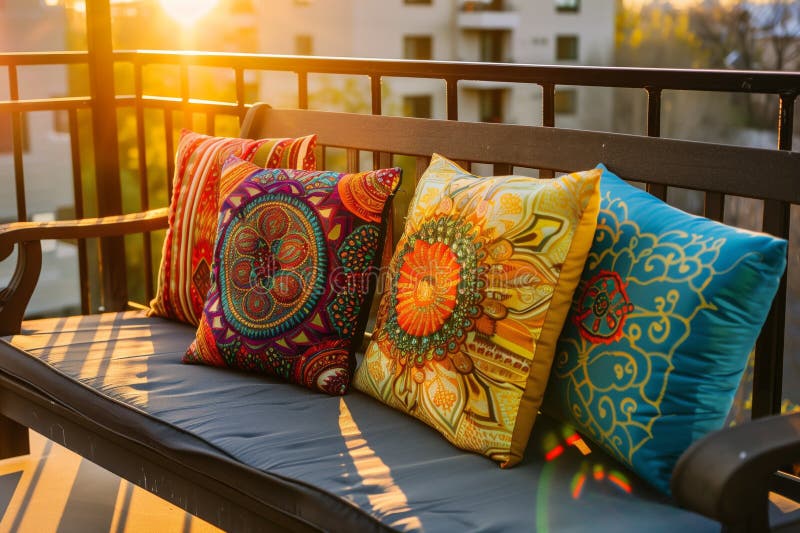 Vibrant Throw Pillows on Balcony Bench with Setting Sun Stock Photo ...
