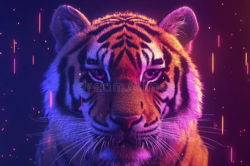 Vibrant Tiger Portrait with Neon Colors and Glowing Effects Stock Image ...