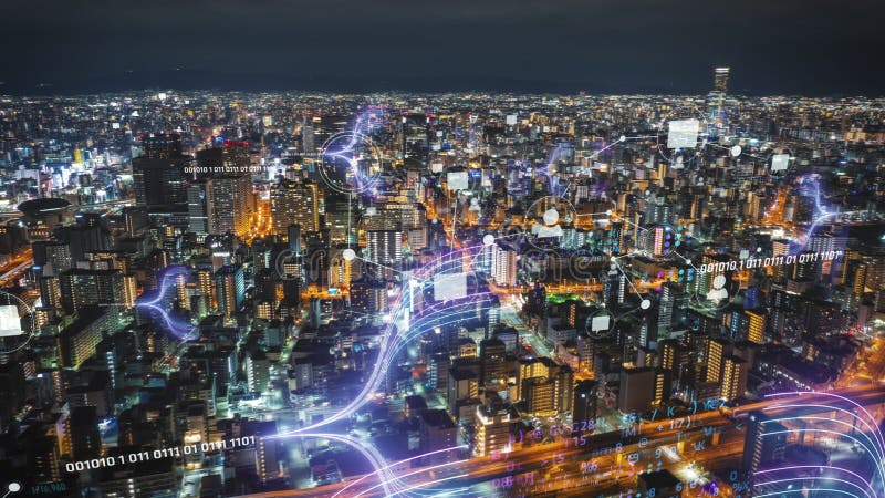 Vibrant Timelapse of Huge City at Night with Dynamic Data Visualization ...