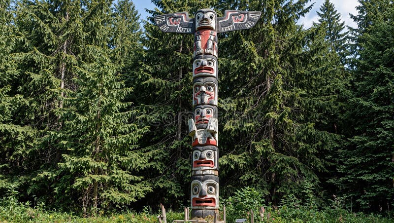 Vibrant Totem Pole Against Green Forest Backdrop Stock Illustration ...