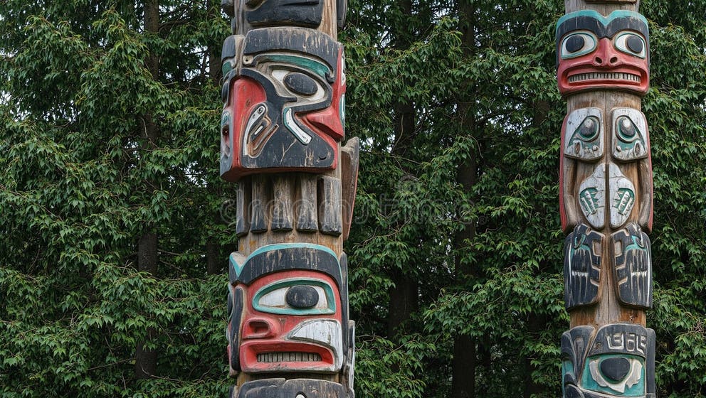 Vibrant Totem Pole Against Green Forest Backdrop Stock Illustration ...