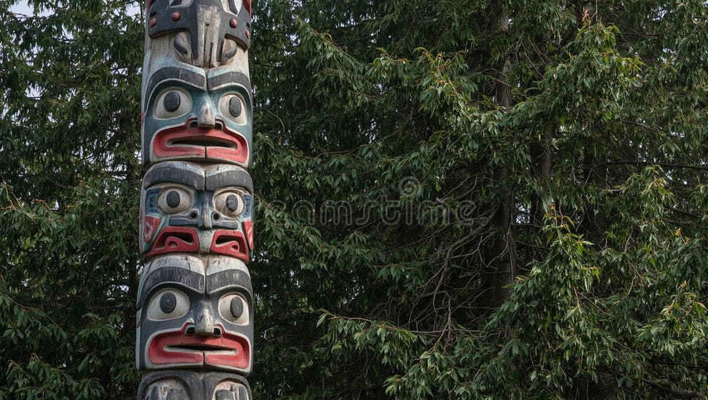 Vibrant Totem Pole Against Green Forest Backdrop Stock Illustration ...
