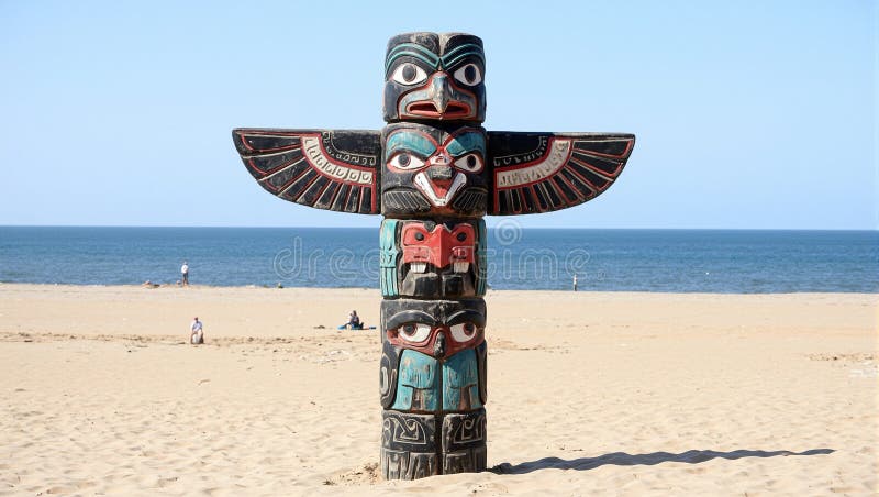Vibrant Totem Pole with Hawk and Whale Carvings on Beach Stock ...