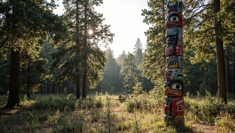 Vibrant Totem Pole with Hawks and Foxes in Forest Clearing Stock ...