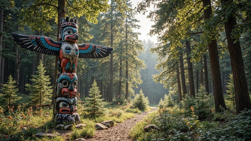 Vibrant Totem Pole with Hawks and Foxes in Forest Clearing Stock ...