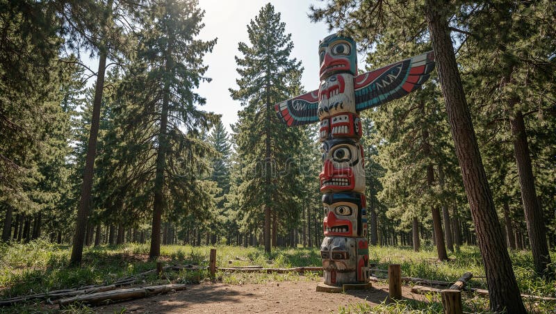 Vibrant Totem Pole with Hawks and Foxes in Forest Clearing Stock ...