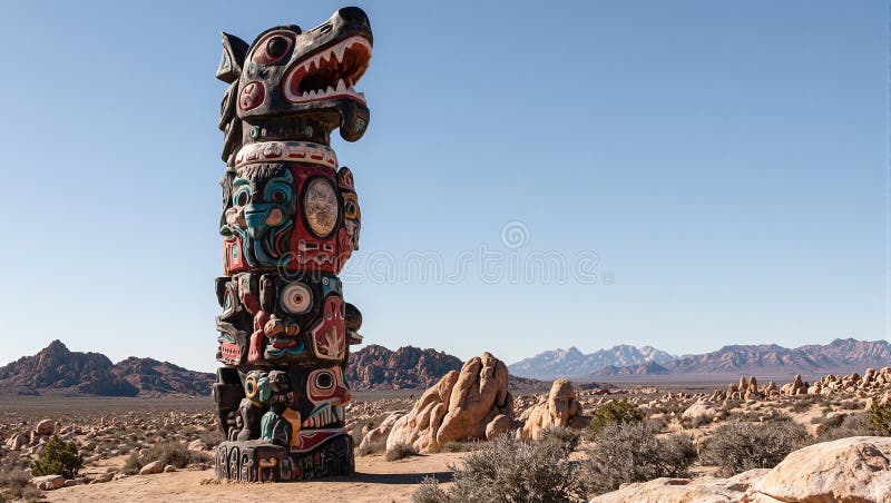 Vibrant Totem Pole with Howling Wolves in Desert Landscape Stock ...