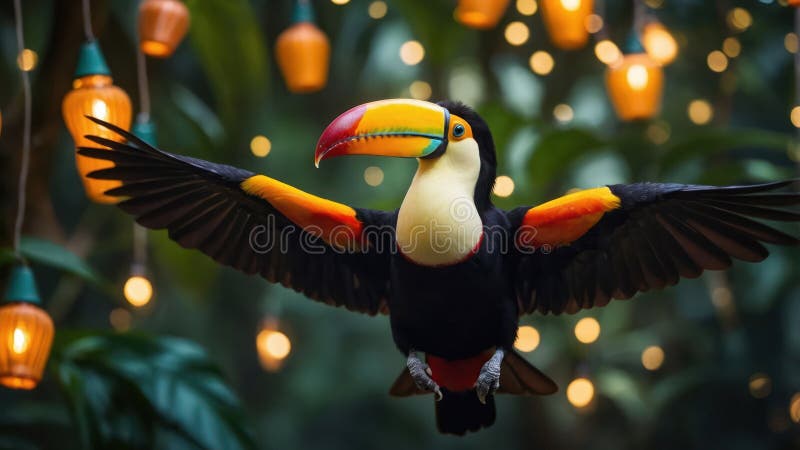 Vibrant Toucan in Flight with Bokeh Lights Stock Illustration ...