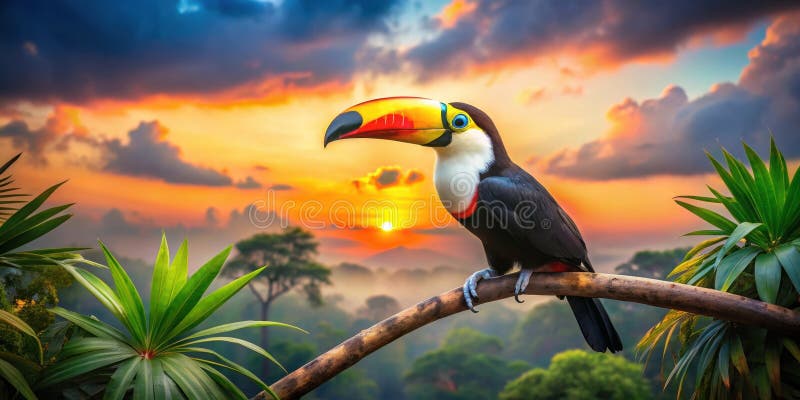 A Vibrant Toucan Perched on a Branch at Sunset, Tropical Rainforest ...
