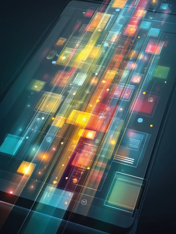 Floating UI Elements with Digital Glow on a Touchscreen Device ...