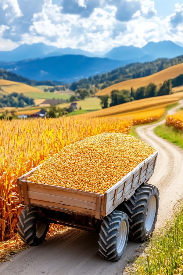 A Vibrant Tractor Maneuvers Down a Dusty Farm Road, Pulling a Trailer ...