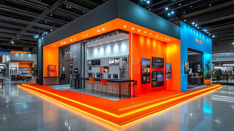 A Vibrant Trade Show Booth with Bright Orange Lighting and Modern ...