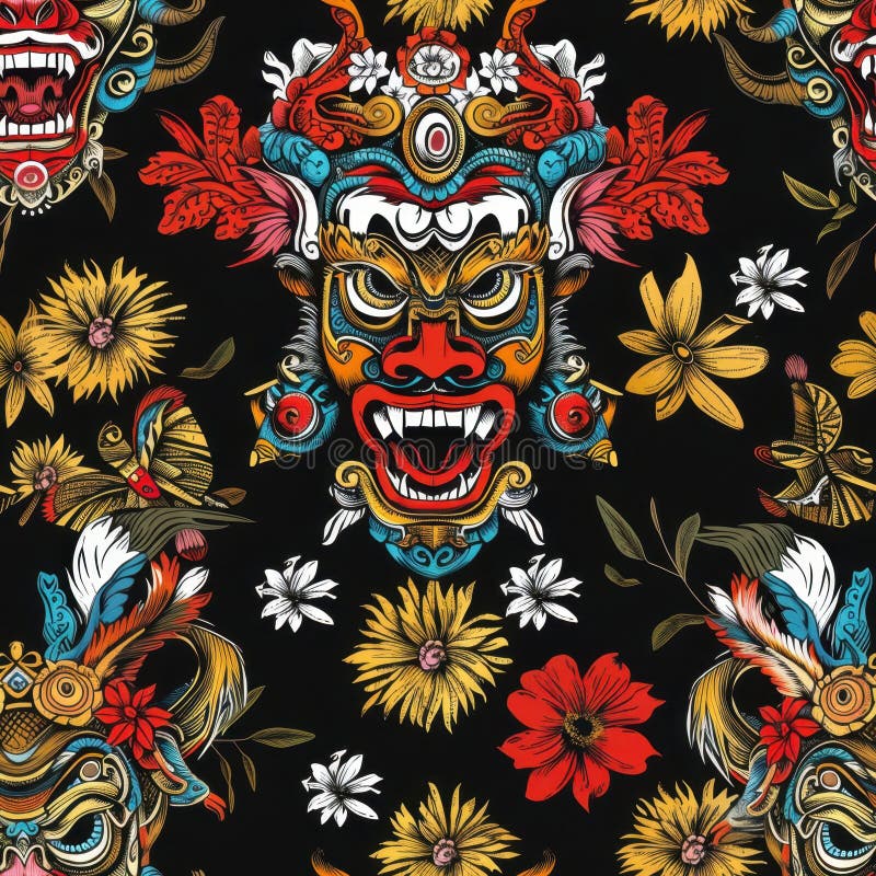 Vibrant Traditional Balinese Mask Pattern on Black Background Stock ...