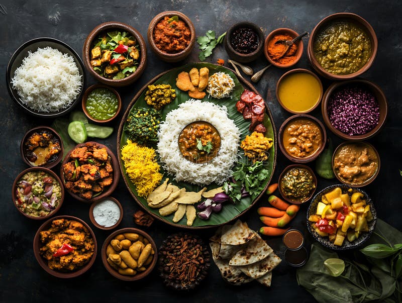 Vibrant Traditional Indian Thali with Assorted Dishes and Spices Stock ...