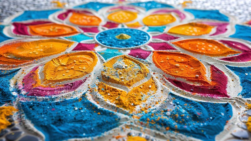 Vibrant Traditional Rangoli Art with Blue Orange Yellow Patterns on ...