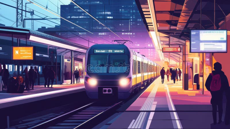 A Vibrant Train Station Scene at Dusk with Passengers and a Train ...