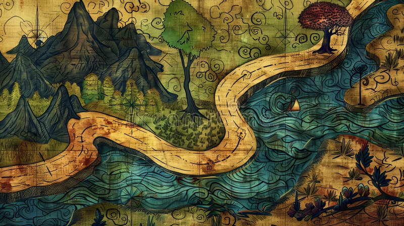 Vibrant Treasure Map Illustration with Winding Path, Tree, and Water ...