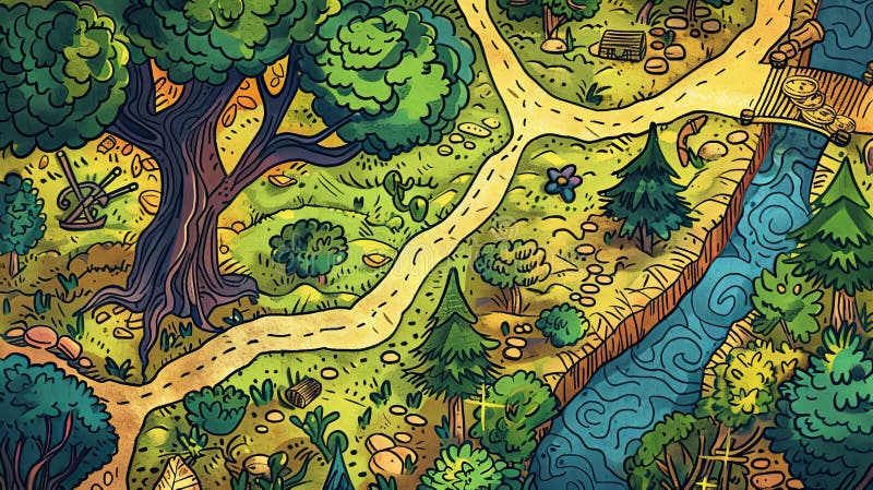 Vibrant Treasure Map Illustration with Winding Path, Trees, and Water ...