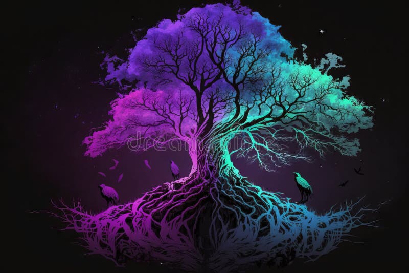 A Vibrant Tree with Blue and Purple Leaves and a Large Root System ...