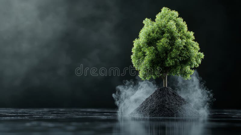 A Vibrant Tree Emerges from a Mound of Soil, Surrounded by Mist ...